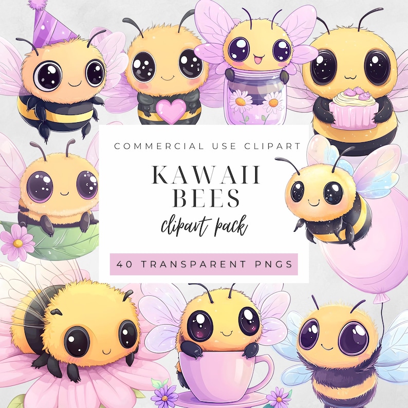 Kawaii Bee Clipart Pack – Cute Cartoon Bees With Flowers, Balloons, and ...