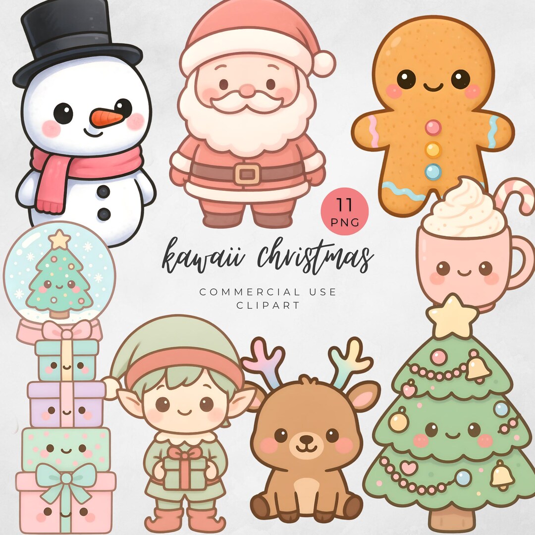 Kawaii Christmas Clipart Set – Cute Holiday Characters, Pastel Santa ...