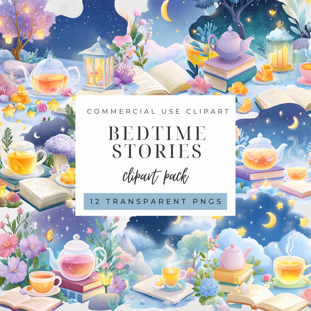 Bedtime Stories Clipart Set – Cozy Nighttime Tea, Books, and Moon PNG ...