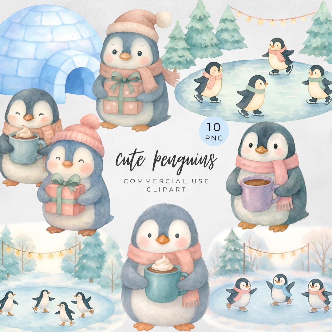 Cute Penguin Clipart Set – Winter Ice Skating & Cozy Cocoa ...