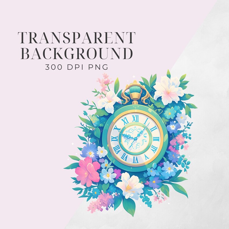 Floral Clock Clipart, Cute Clock PNG, Digital Sticker, Watercolour ...