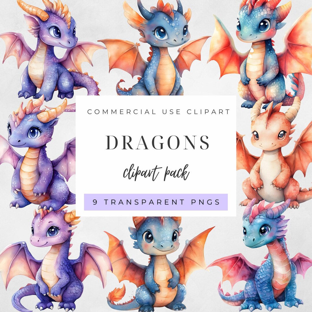 Dragons Clipart Set – Cute Baby Dragon Pngs in Fantasy Colors for Kids ...