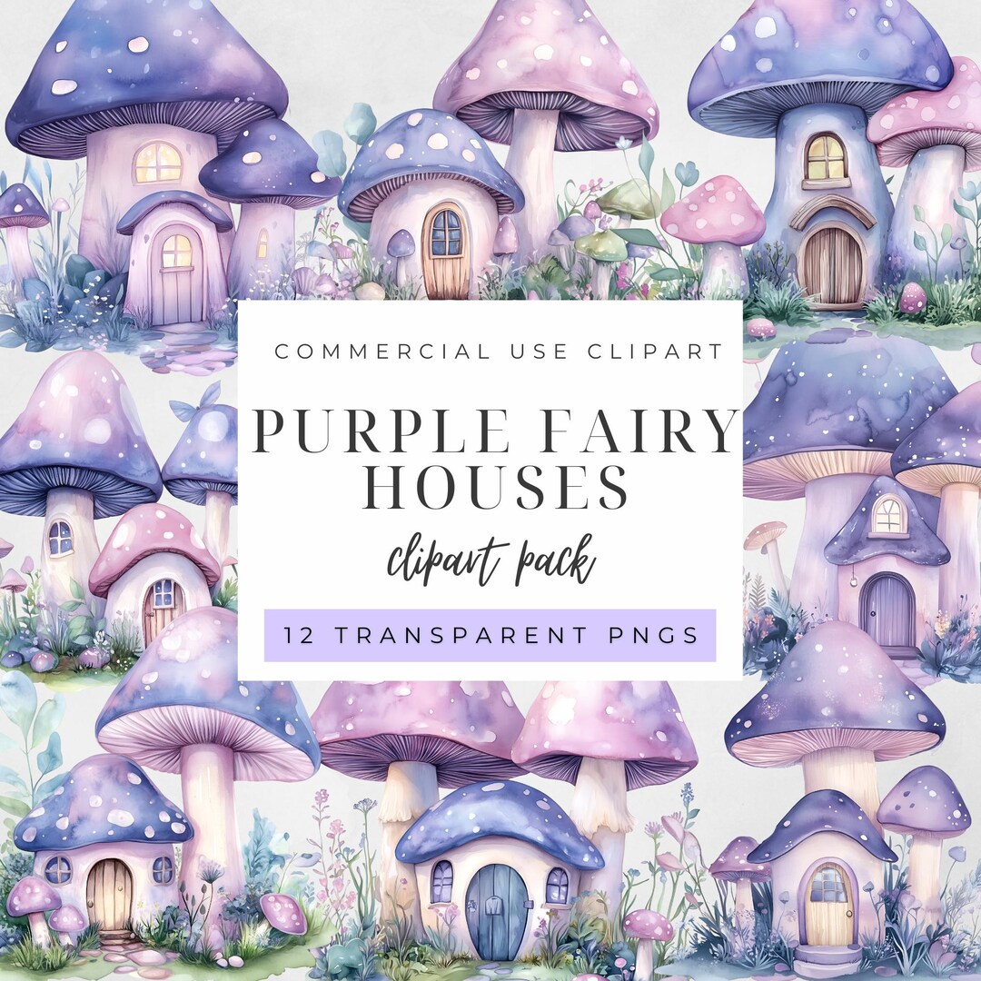 Purple Fairy Mushroom Houses Clipart Pack, Scrapbooking, Paper Craft ...