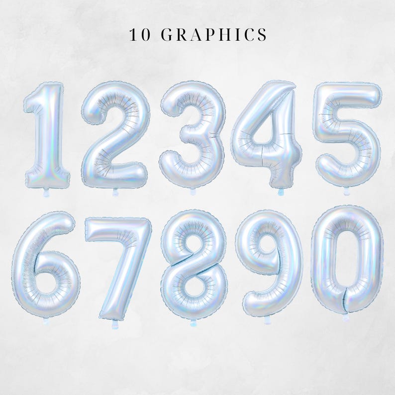 Number Balloons Clipart, Silver Holographic Foil Numbers for Birthday ...