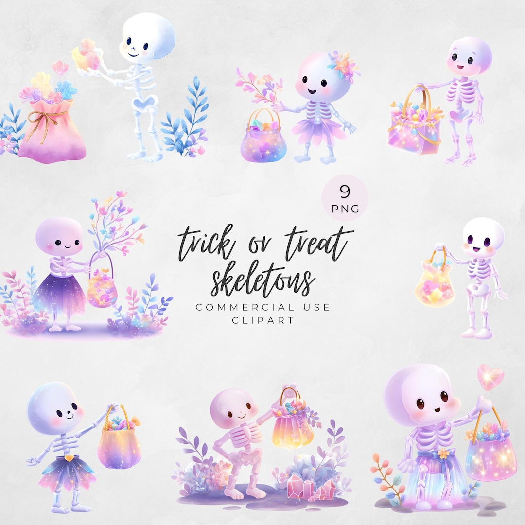 Trick or Treat Skeleton Clipart – Cute Kawaii Halloween Skeletons With ...