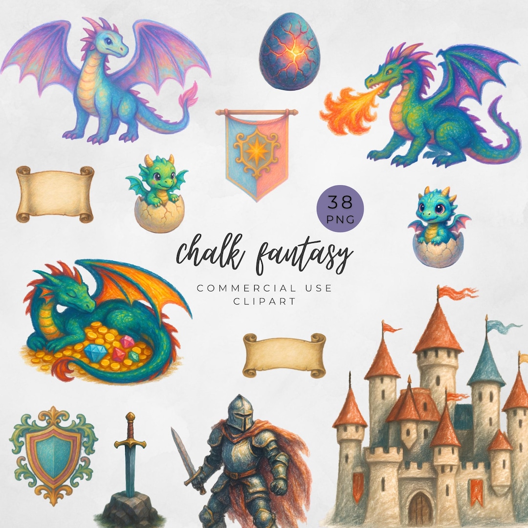 Chalk Fantasy Dragon Clipart Set – Magical Knights, Castles & Medieval ...