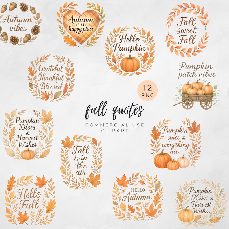 Fall Quotes Clipart Set – Autumn Lettering Wreaths, Pumpkin Quote ...
