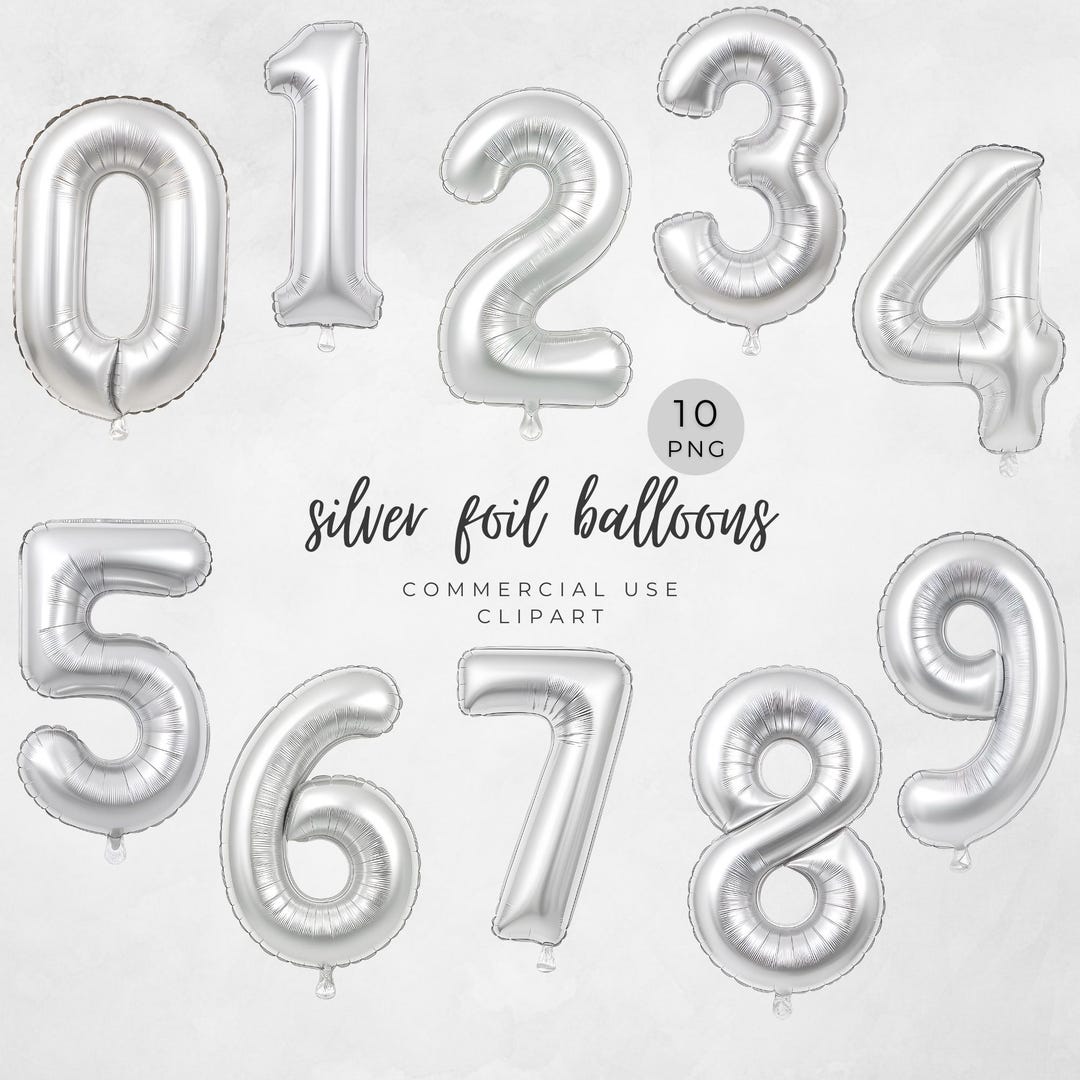 Number Balloons Clipart, Silver Foil Numbers for Birthday Party ...