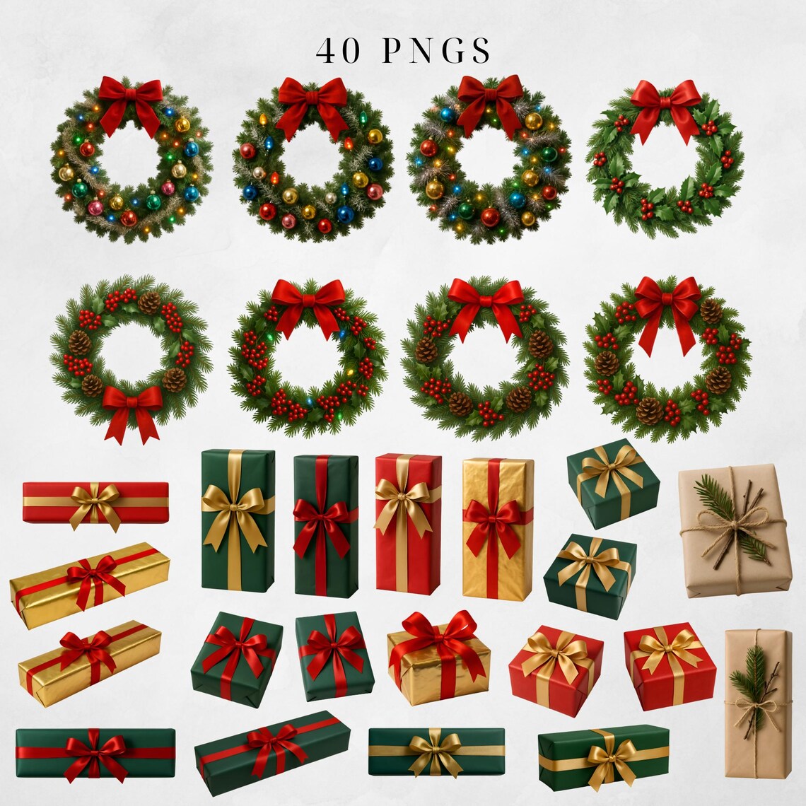 Realistic Christmas Clipart Set – Holiday Trees & Wreaths, Festive Gift ...