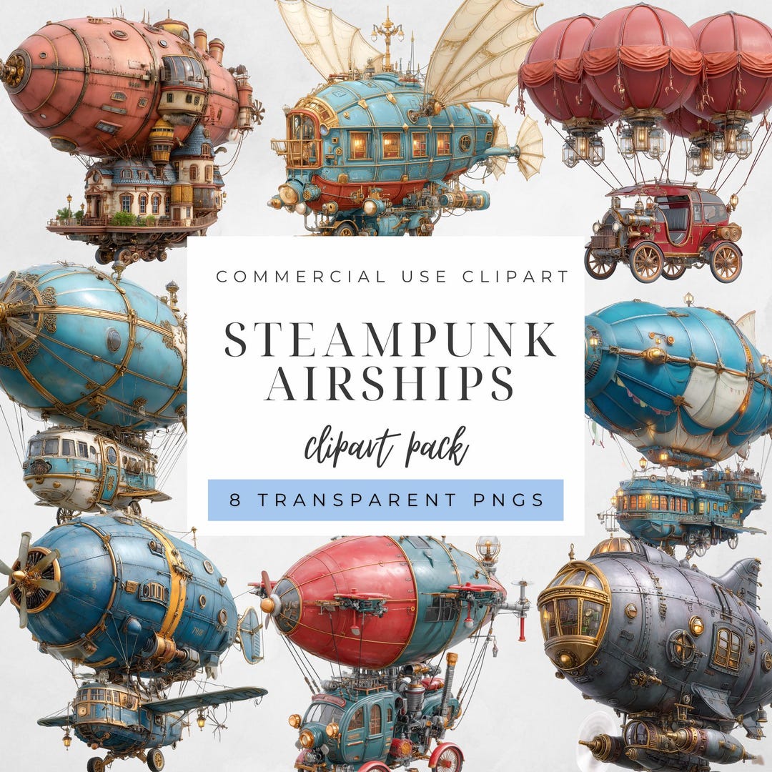 Steampunk Airship Clipart Pack, Futuristic Scrapbooking, Paper Craft ...