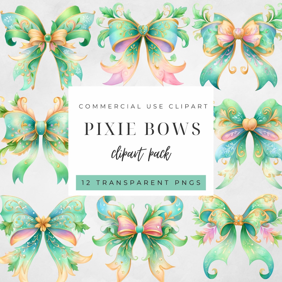 Pixie Bows Clipart, Green Pink Bow Pngs, Coquette Bow Graphics, Fantasy ...