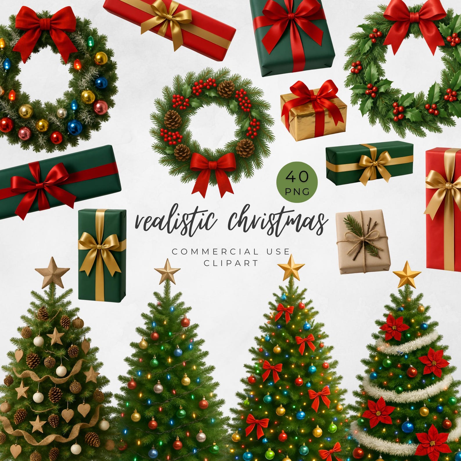 Realistic Christmas Clipart Set – Holiday Trees & Wreaths, Festive Gift ...