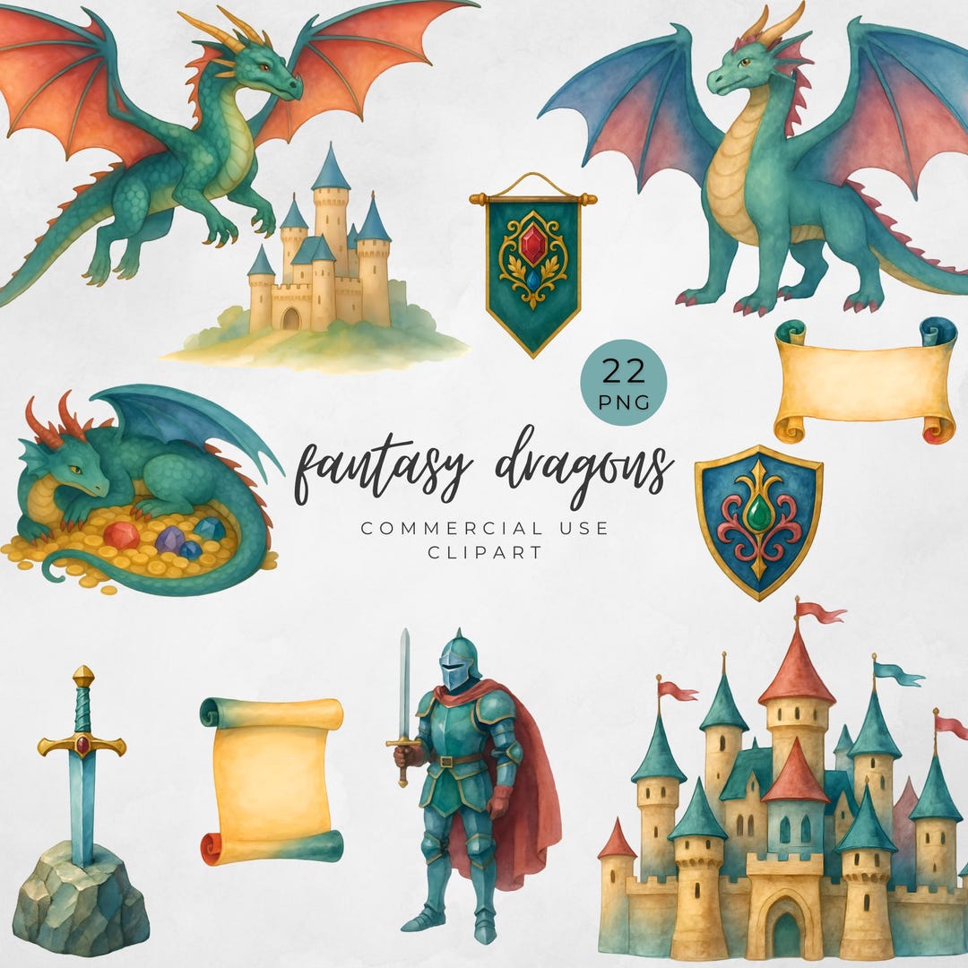 Fantasy Dragons Clipart Set – Cute Watercolor Dragons, Castles ...