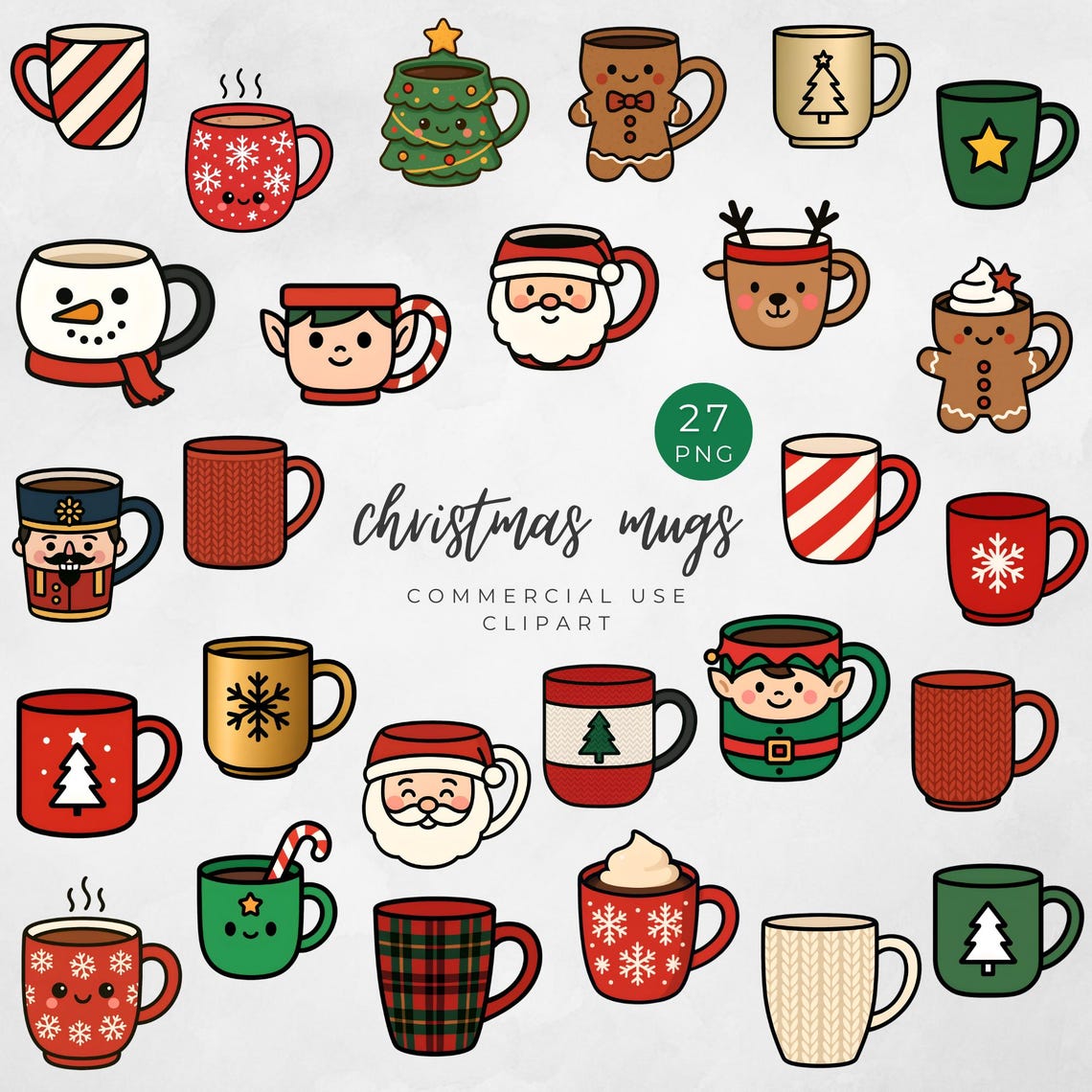 Christmas Mugs Clipart – Cute Holiday Cocoa Cups, Santa & Gingerbread ...