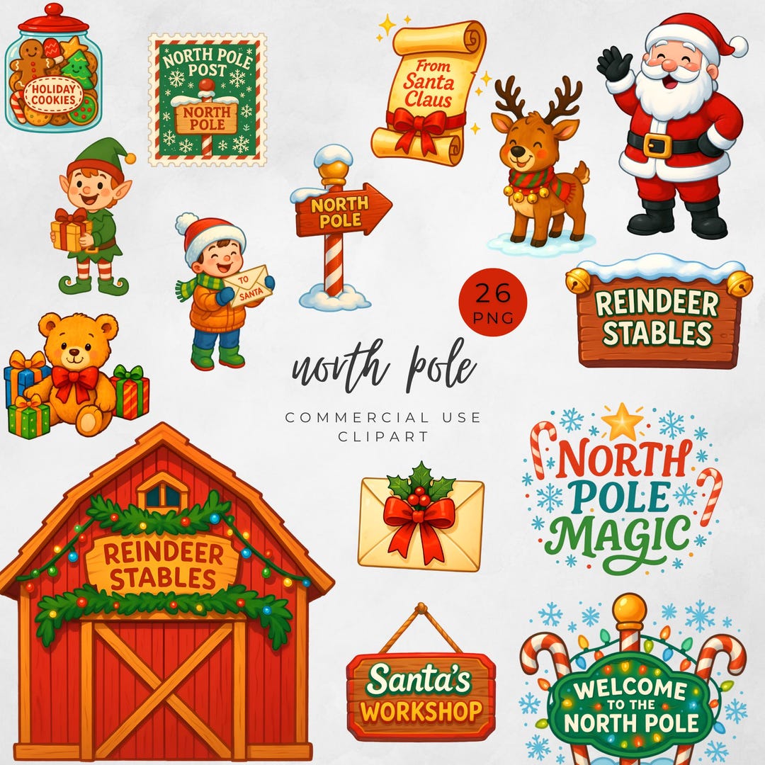 North Pole Clipart – Santa, Elves, Reindeer, Signs & Christmas Magic ...