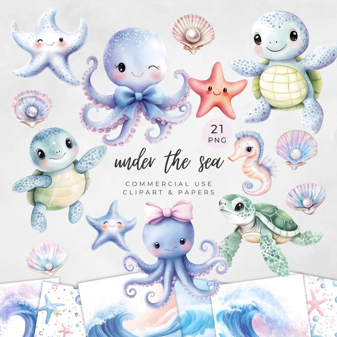 Under the Sea Clipart Set, Cute Ocean Animals, Sea Turtle, Octopus ...