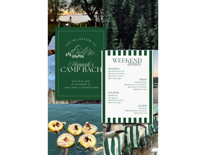 Camp Bach Bachelorette Itinerary Template Editable Canva Forest Weekend ...