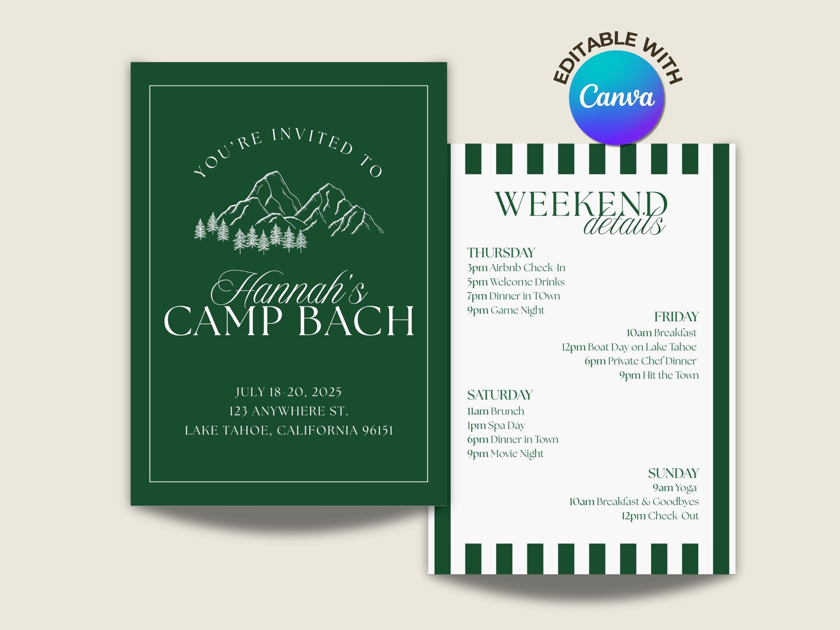 Camp Bach Bachelorette Itinerary Template Editable Canva Forest Weekend ...