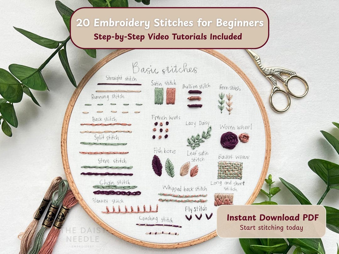 Beginner Hand Embroidery Pattern: 20 Basic Stitches + Video Guide ...