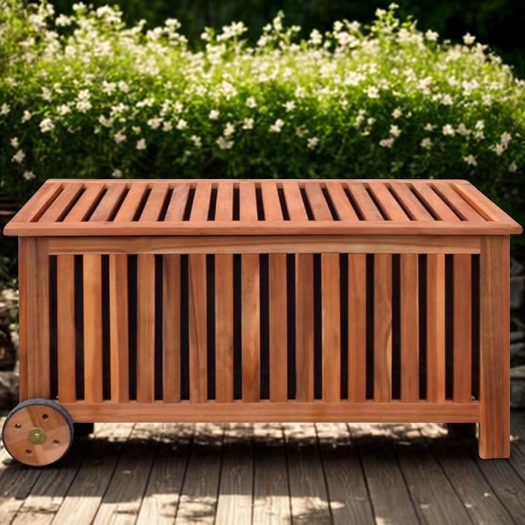 Natural Wood Storage Box With Wheels – Waterproof Patio Cushion ...