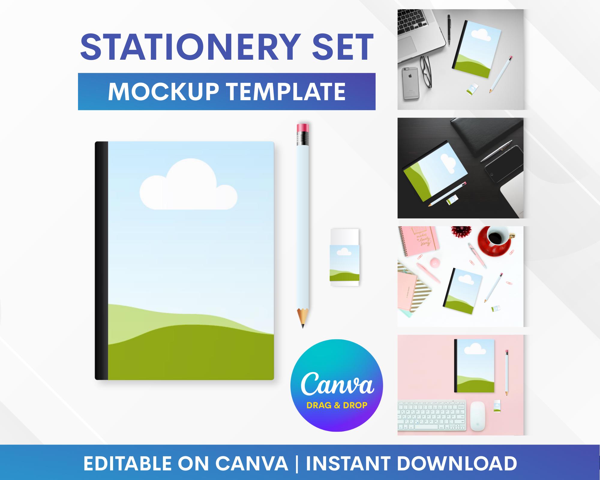 Stationery Set Mockup, Notebook Mockup, Pencil Mockup, Eraser Mockup ...
