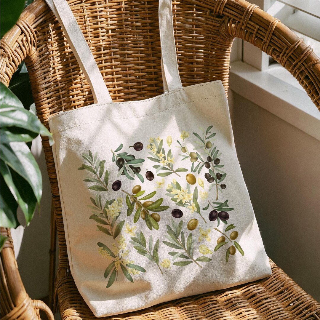 Olive Fruit Canvas Tote Bag, Blooming Olive Tree Tote, Botanical ...