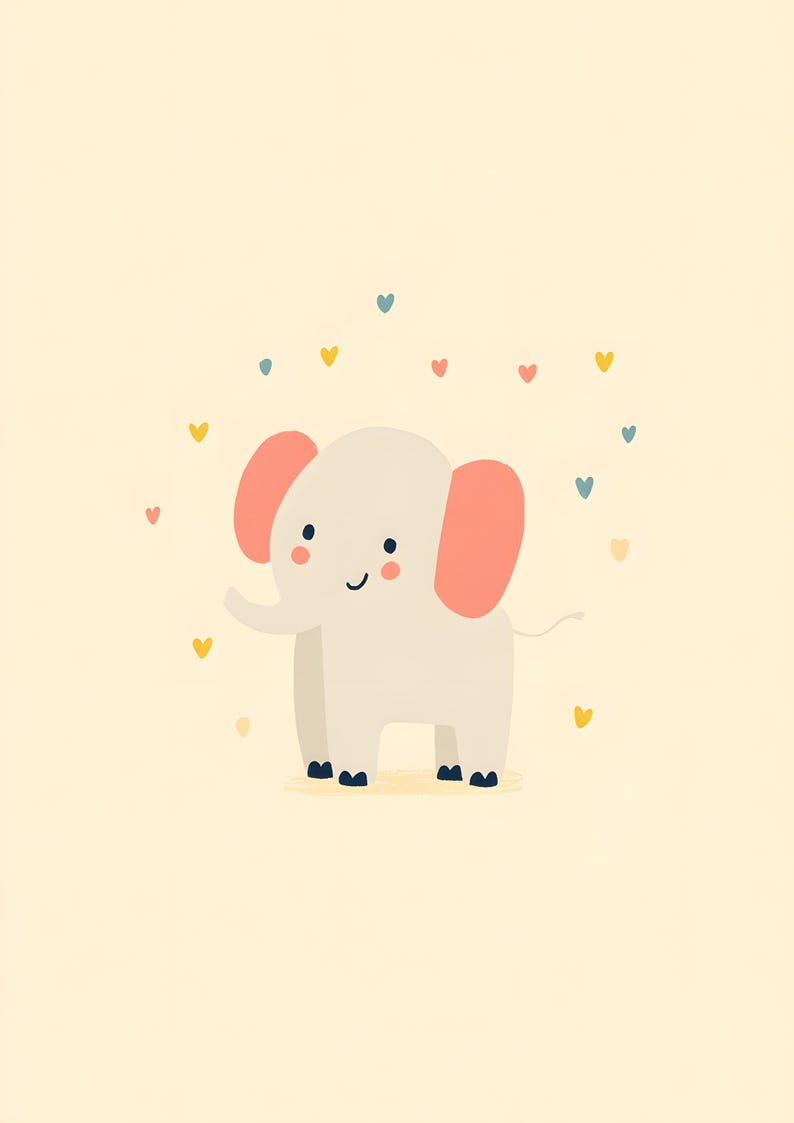 Baby Elephant With Hearts Nursery Print, Pastel Animal Wall Art, Kids ...