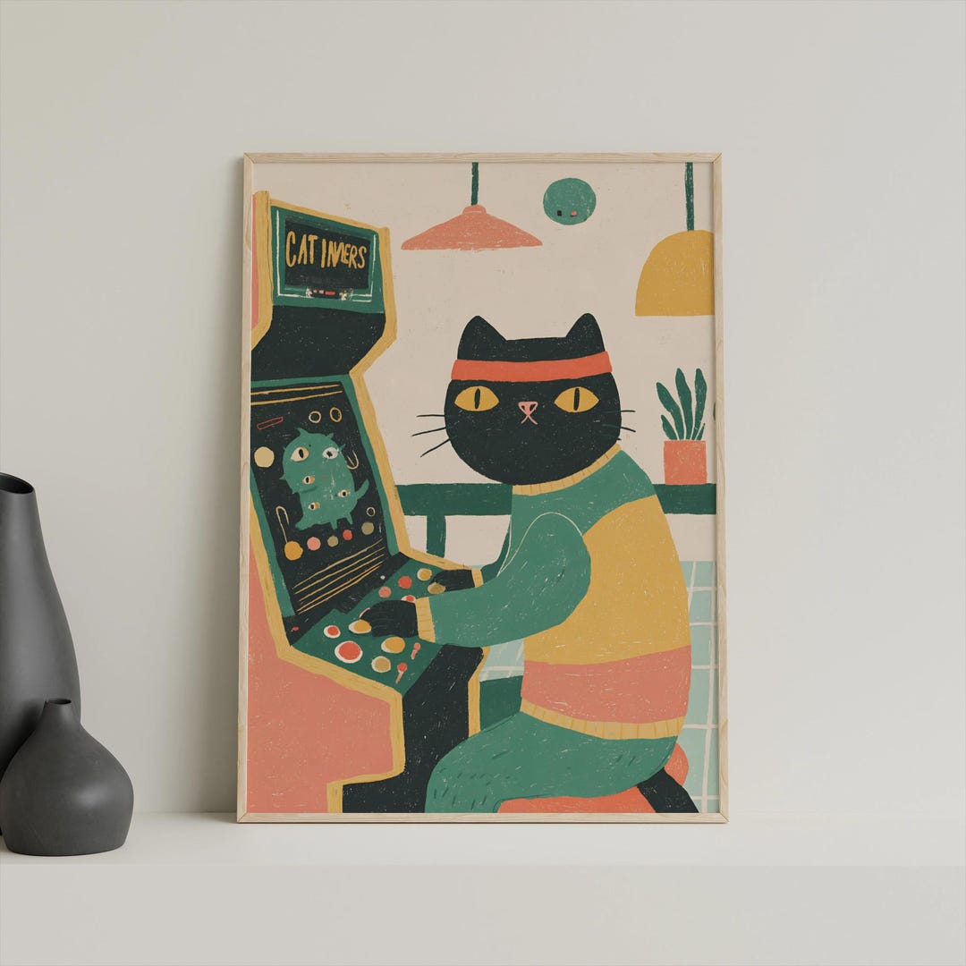 Retro Gamer Cat Wall Art – 80s Style Arcade Cat Playing “cat Invaders”, Digital Download for Cat ...