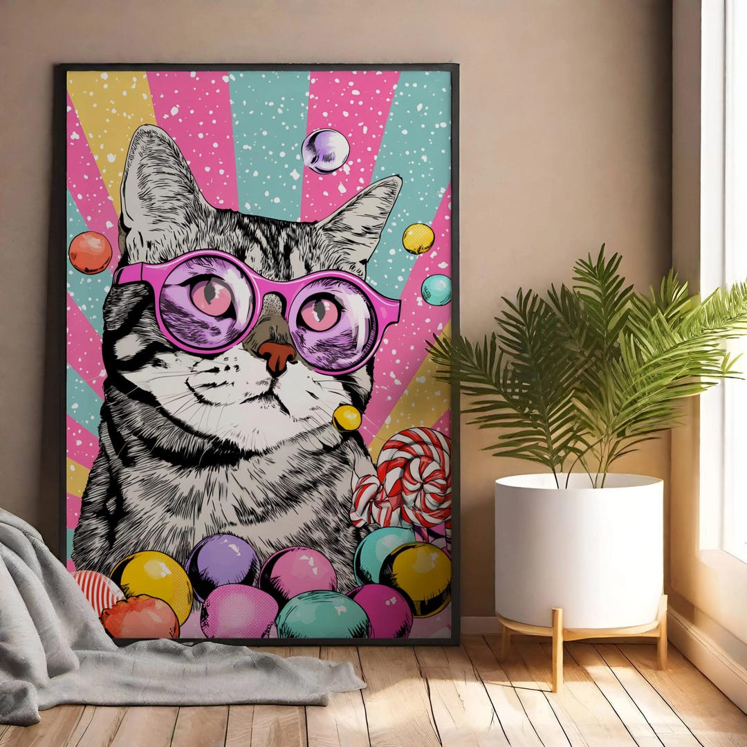 Colorful Pop Art Cat Poster – American Shorthair in Pink Sunglasses ...