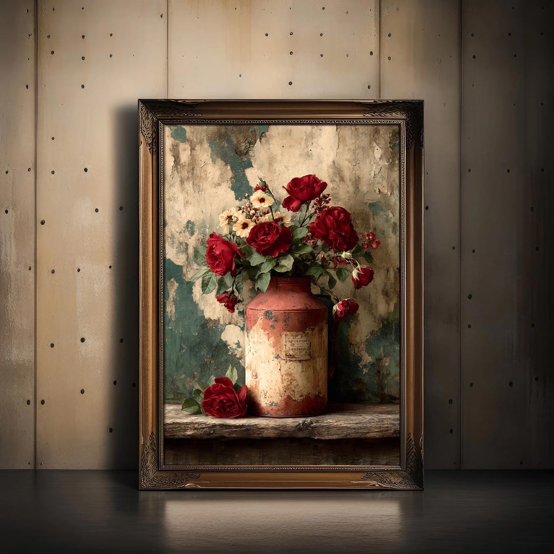 Vintage Red Roses in Rustic Jar Wall Art, Shabby Chic Floral Still Life ...
