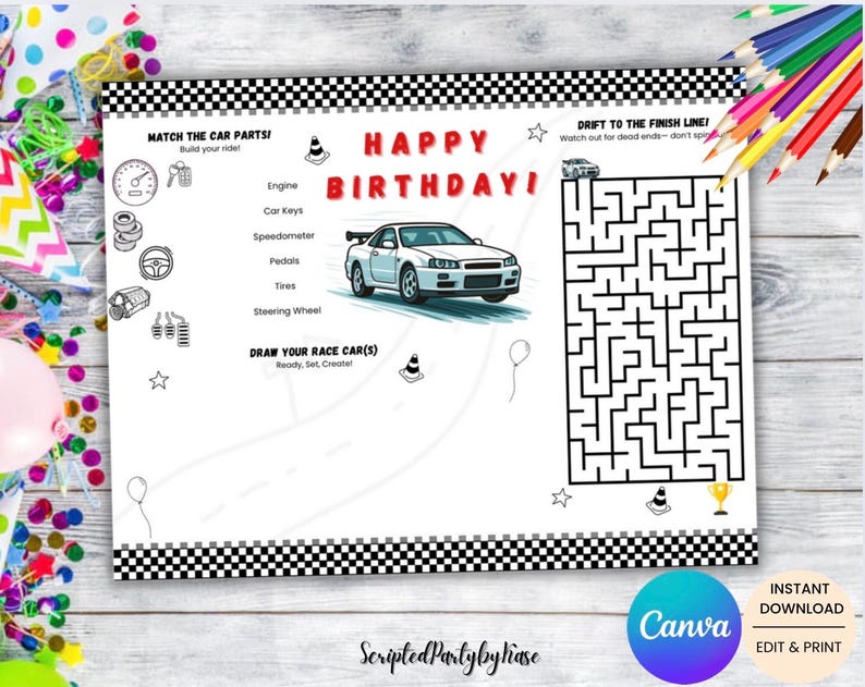 Race Car Activity Sheets: Editable Games, Coloring Pages (canva ...