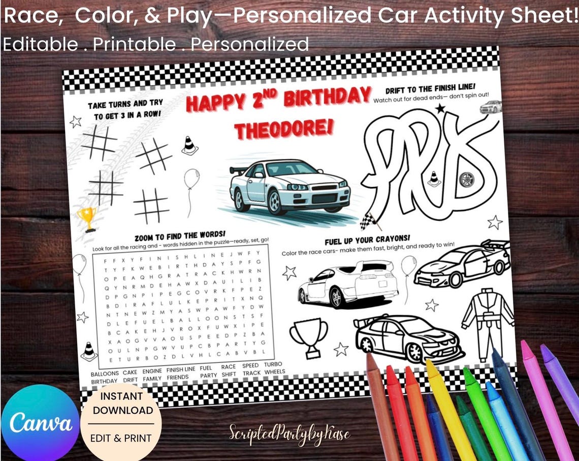 Race Car Activity Sheets: Editable Games, Coloring Pages (canva ...