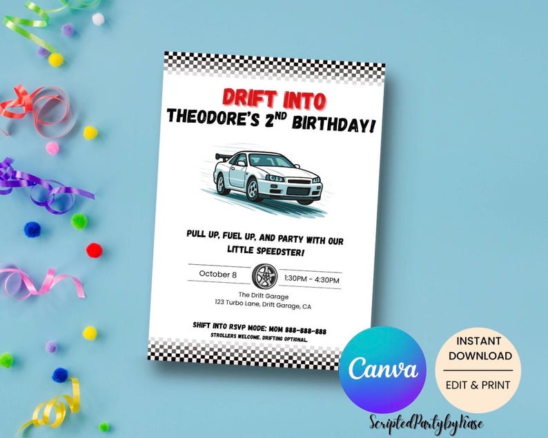Editable Race Car Birthday Invitation | Drift Party Invite | JDM Car ...