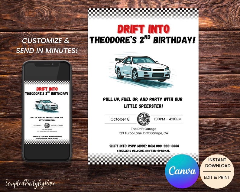 Editable Race Car Birthday Invitation | Drift Party Invite | JDM Car ...