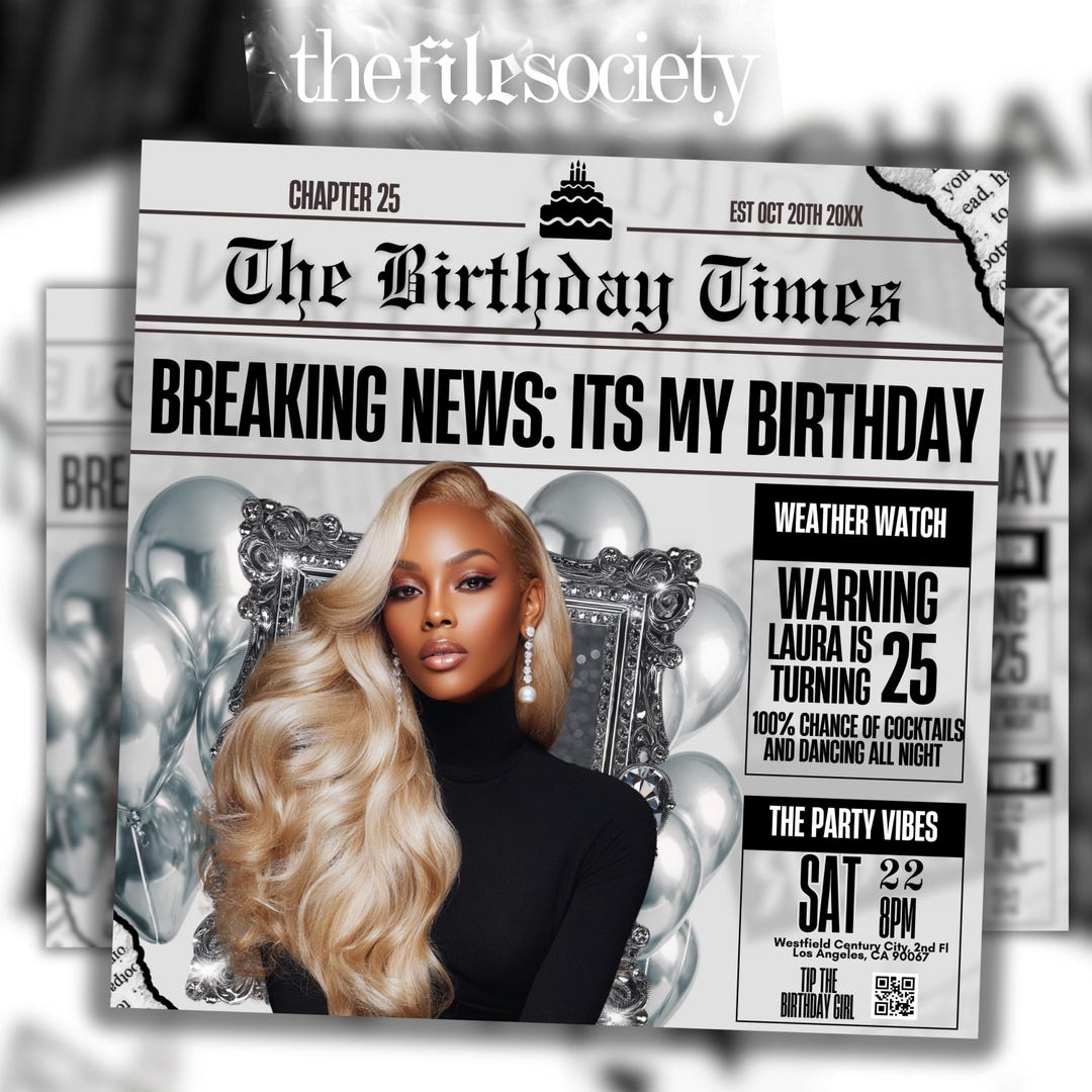 Newspaper Birthday Invitation, Silver Brunch Glam Party Evite, Editable ...