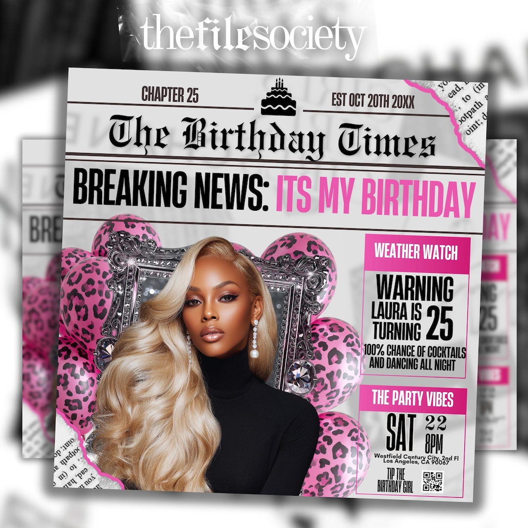 Pink Newspaper Birthday Invitation, Leopard Print Digital Glam Party ...