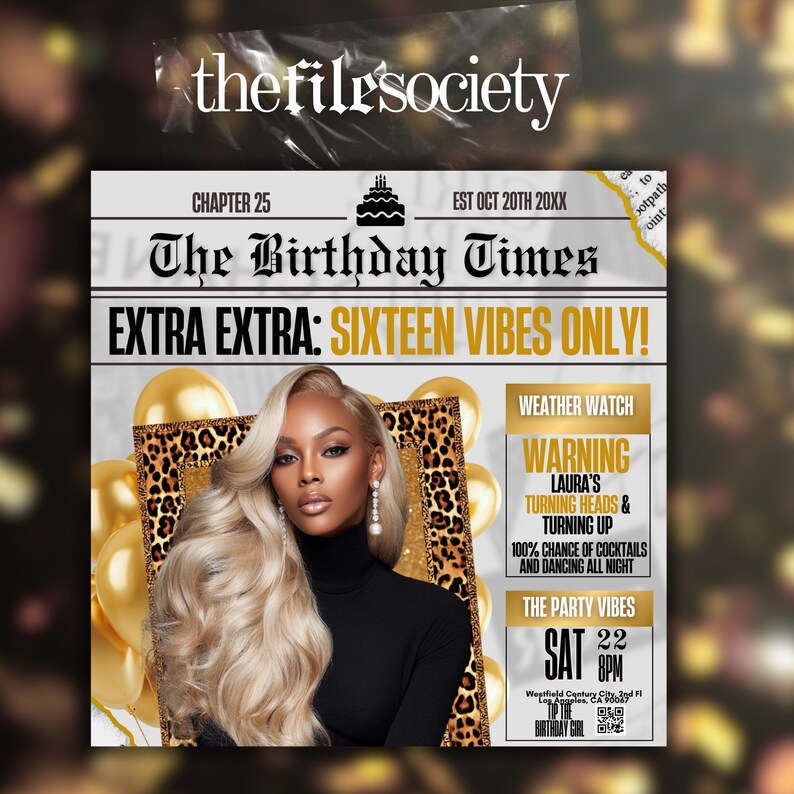 Leopard Print 16th Birthday Social Media Invitation, Gold Glam Dinner ...