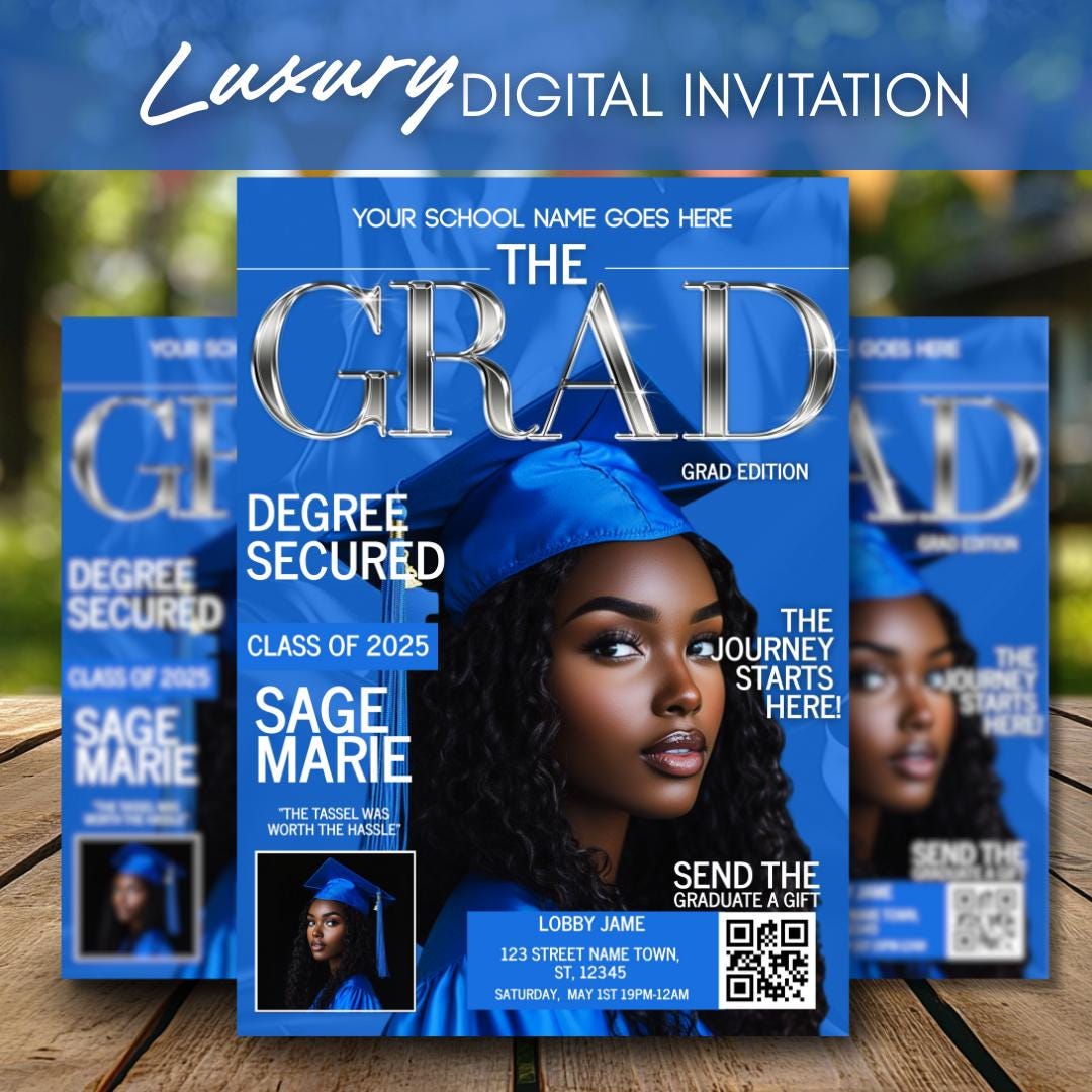 Blue Graduation Invitation, Magazine Cover Flyer, Silver DIY Template ...