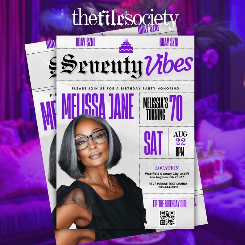 Purple 70th Birthday Newspaper Invitation: Editable Canva Template ...