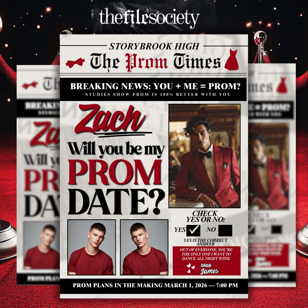 Red Newspaper Promposal Invitation for Boys, Prom Date Question Invite ...
