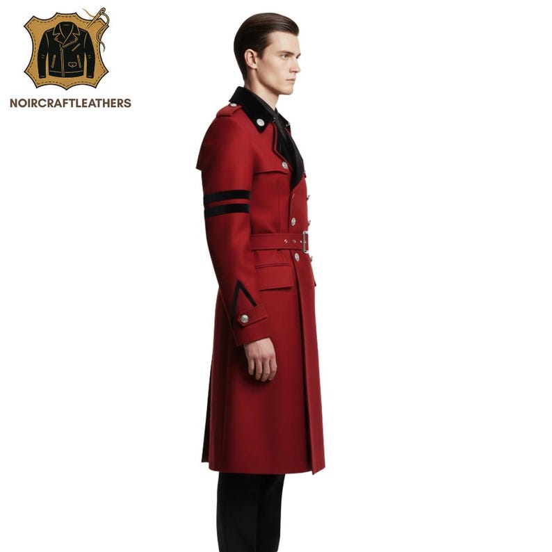 Men's Red Military Lambskin Leather Trench Coat, Long Gothic Duster ...