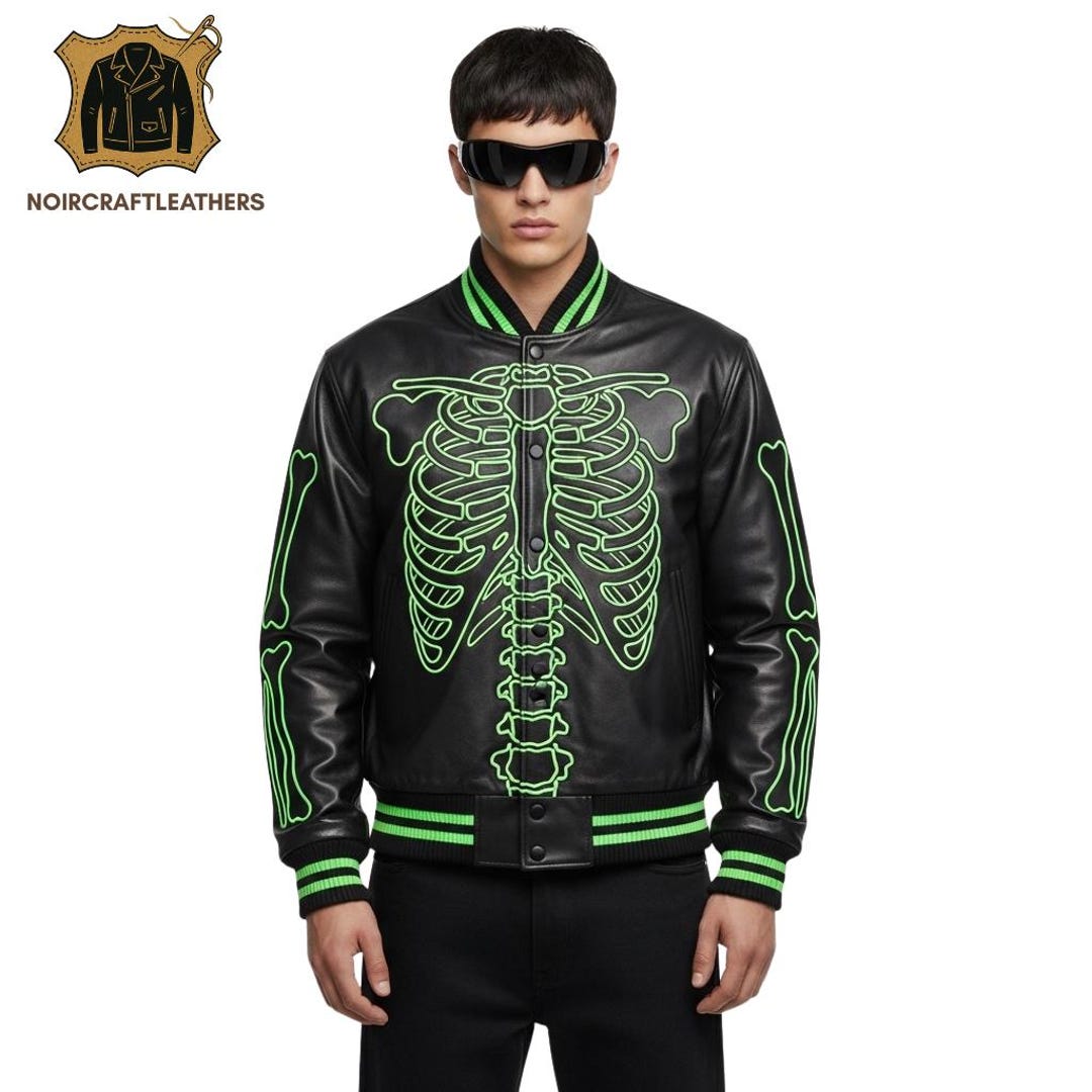 Men's Black Leather Skeleton Jacket: Neon Bone Design, Biker Bomber - Etsy