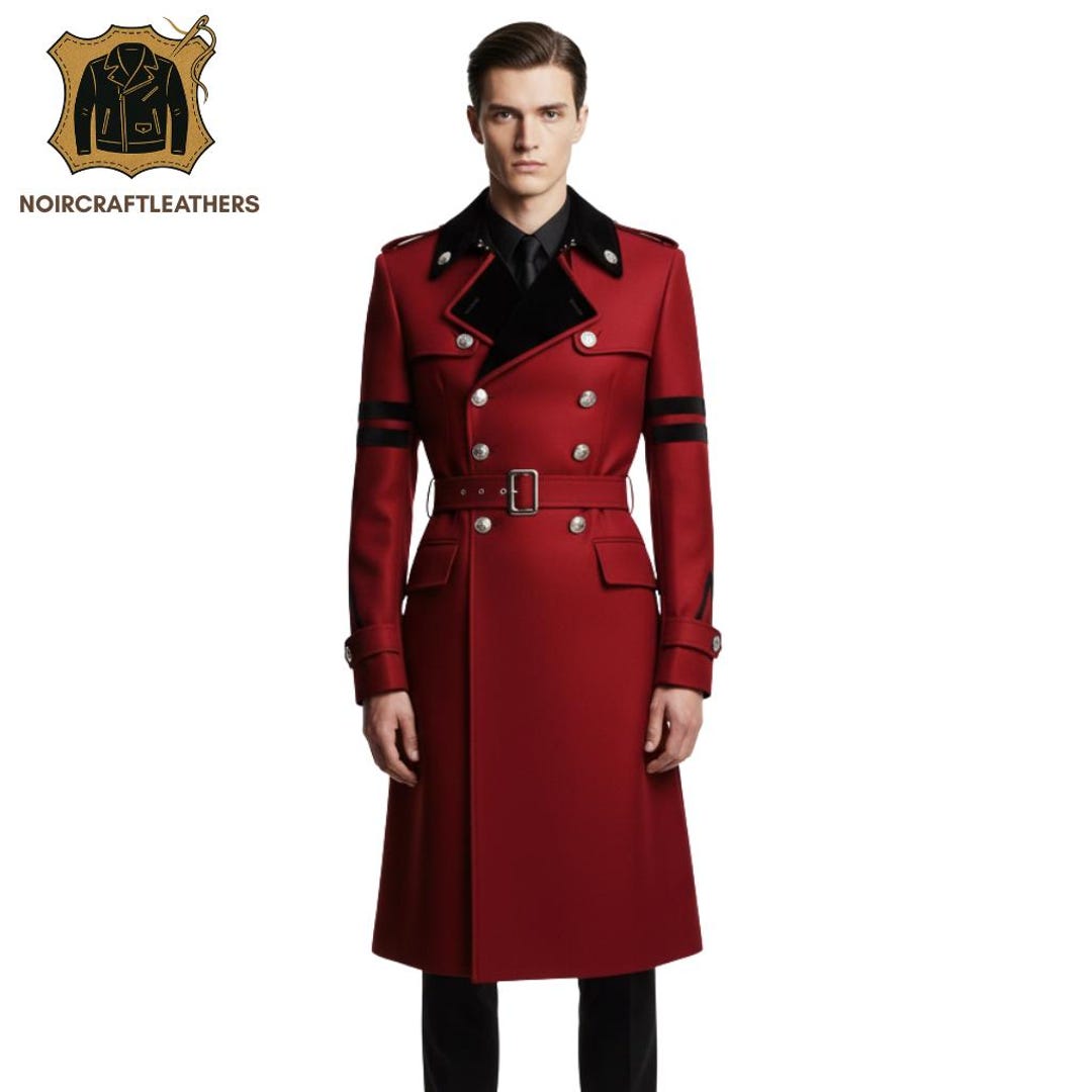 Men's Red Military Lambskin Leather Trench Coat, Long Gothic Duster ...