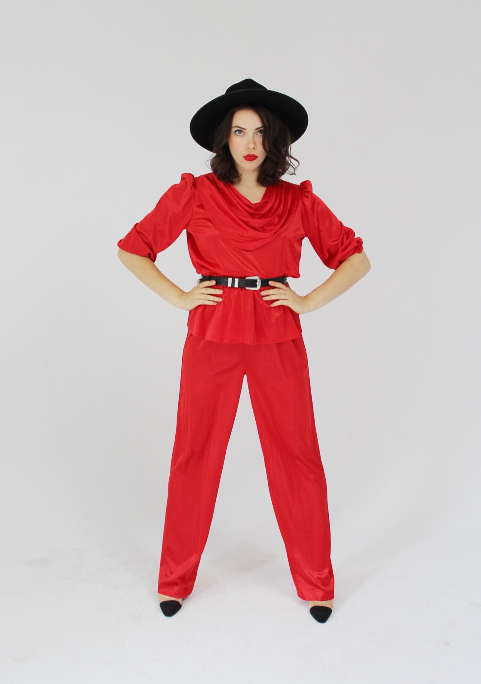 Vintage Red Outfit- 80s, M/L, Shiny Vintage Wetlook Metallic Pantsuit ...