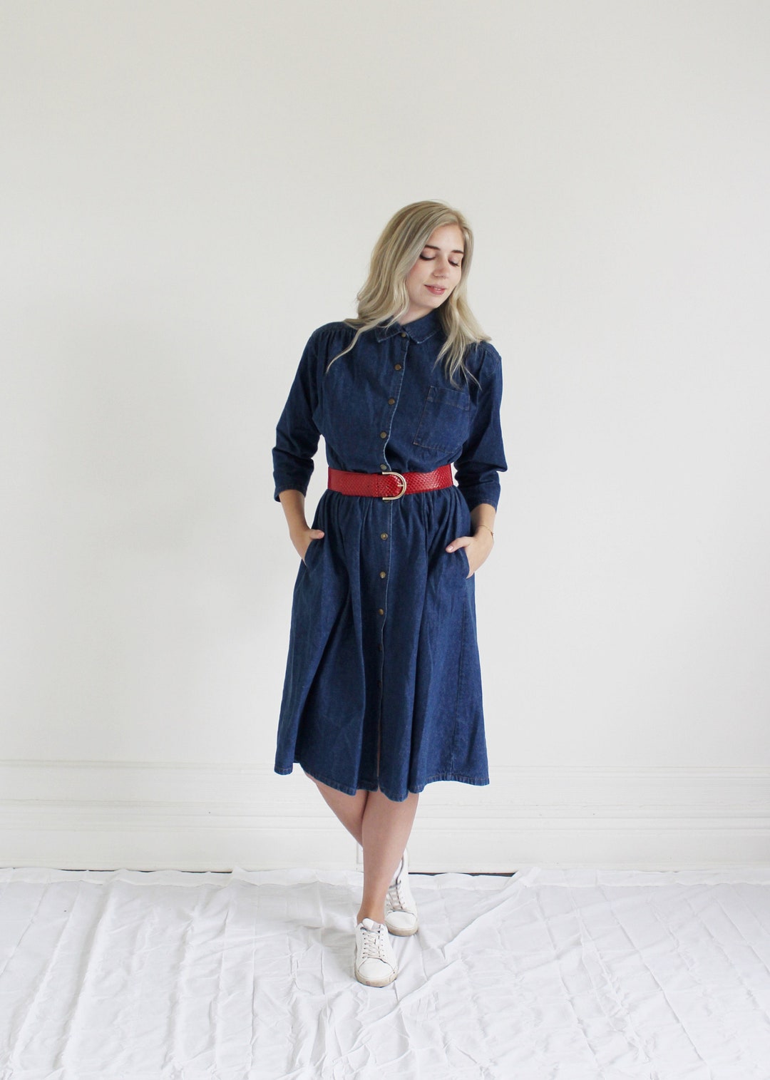 70s Denim Dress- M/L, Pockets, Random California Dark Wash Shirtdress ...