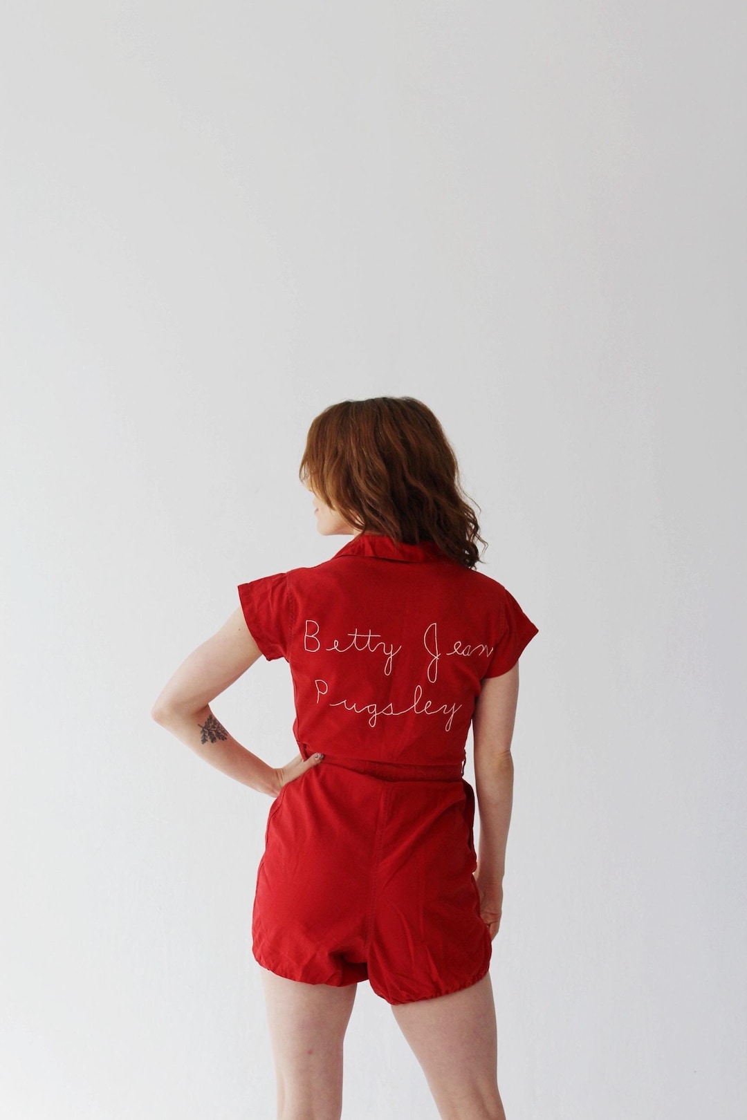 1950s Red Cotton Romper – Vintage Gym Uniform Onesie, Chain Stitch ...