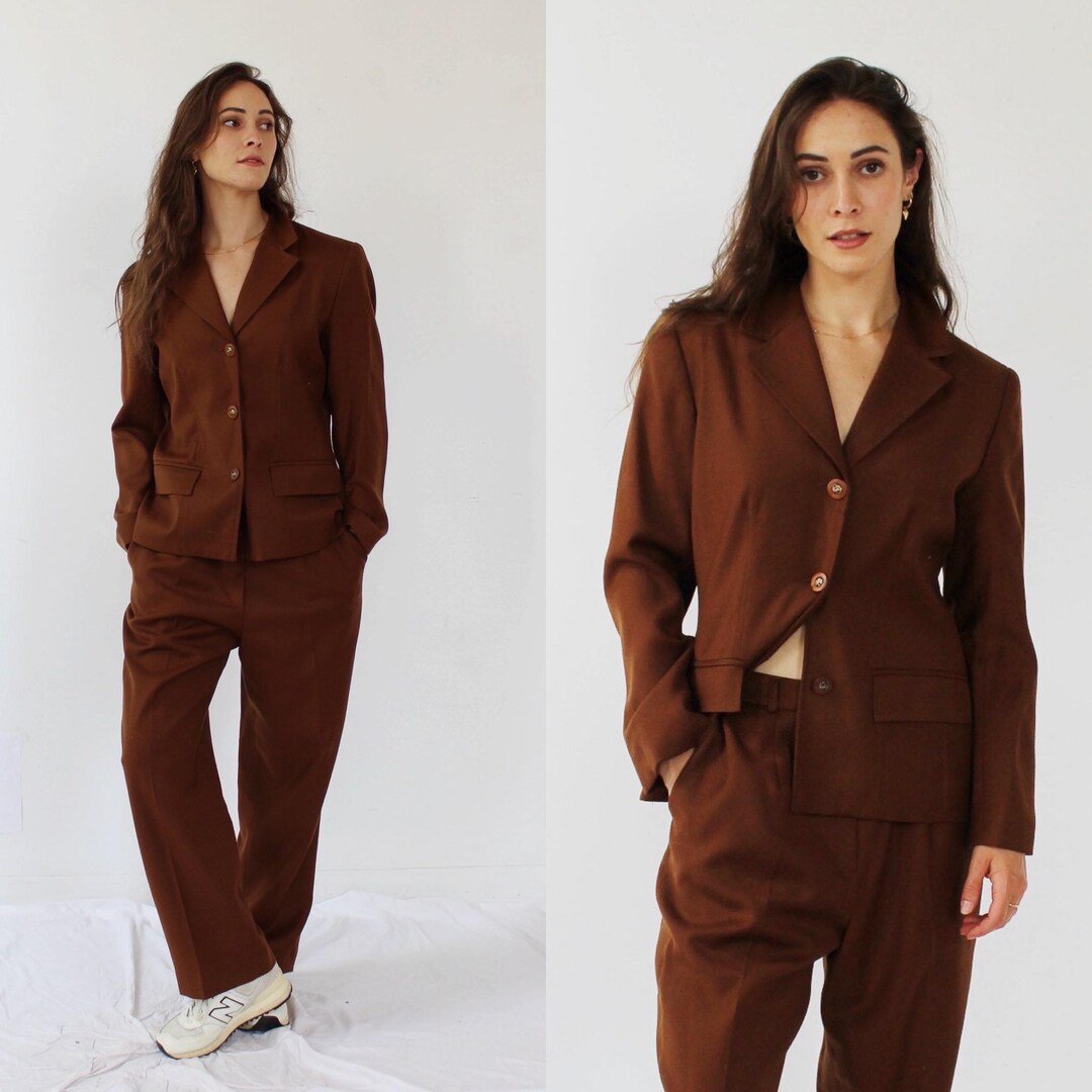 BROWN SUIT Vintage 90s Boxy Loose Baggy Petite Cropped Vintage Womens ...