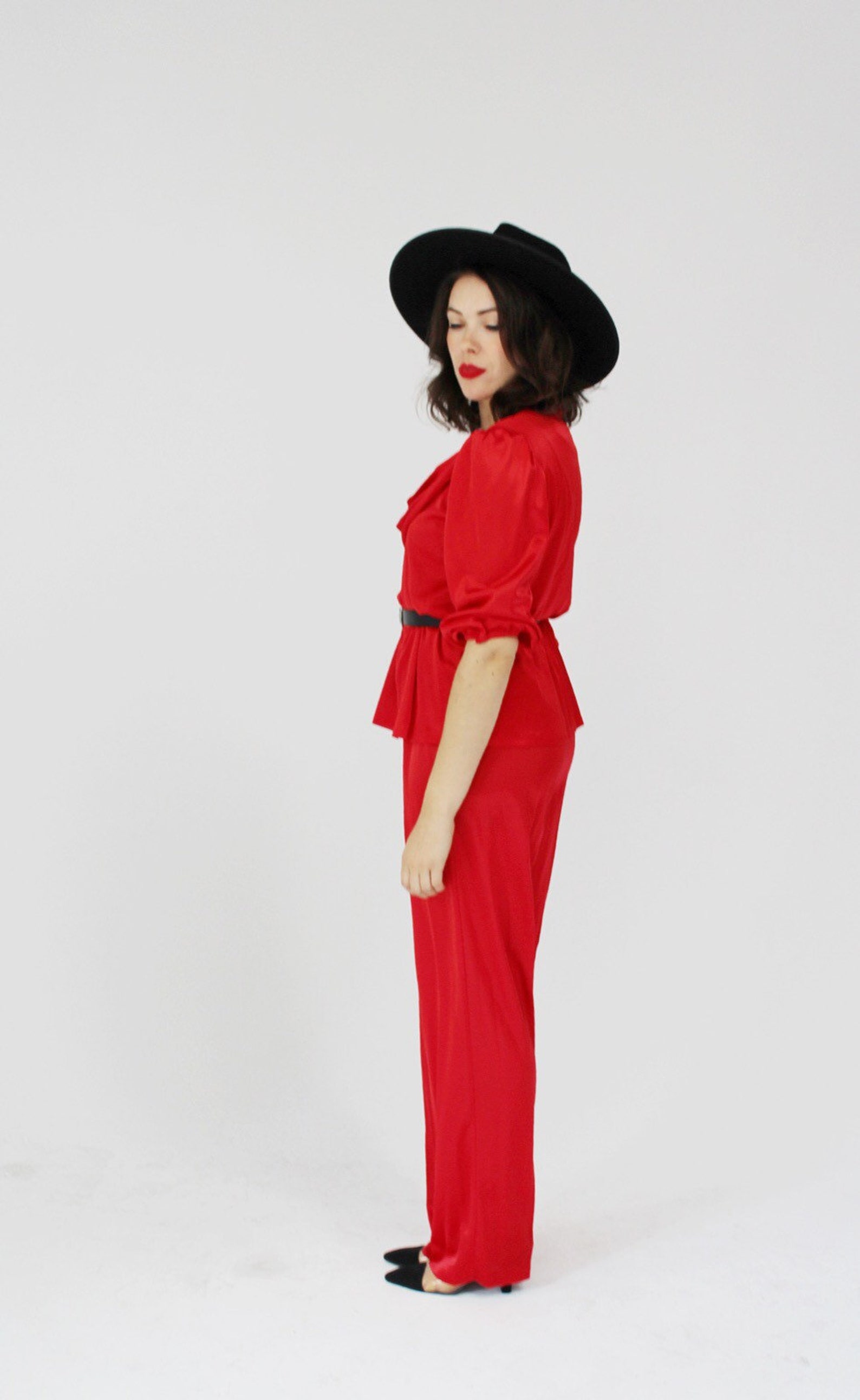 Vintage Red Outfit- 80s, M/L, Shiny Vintage Wetlook Metallic Pantsuit ...