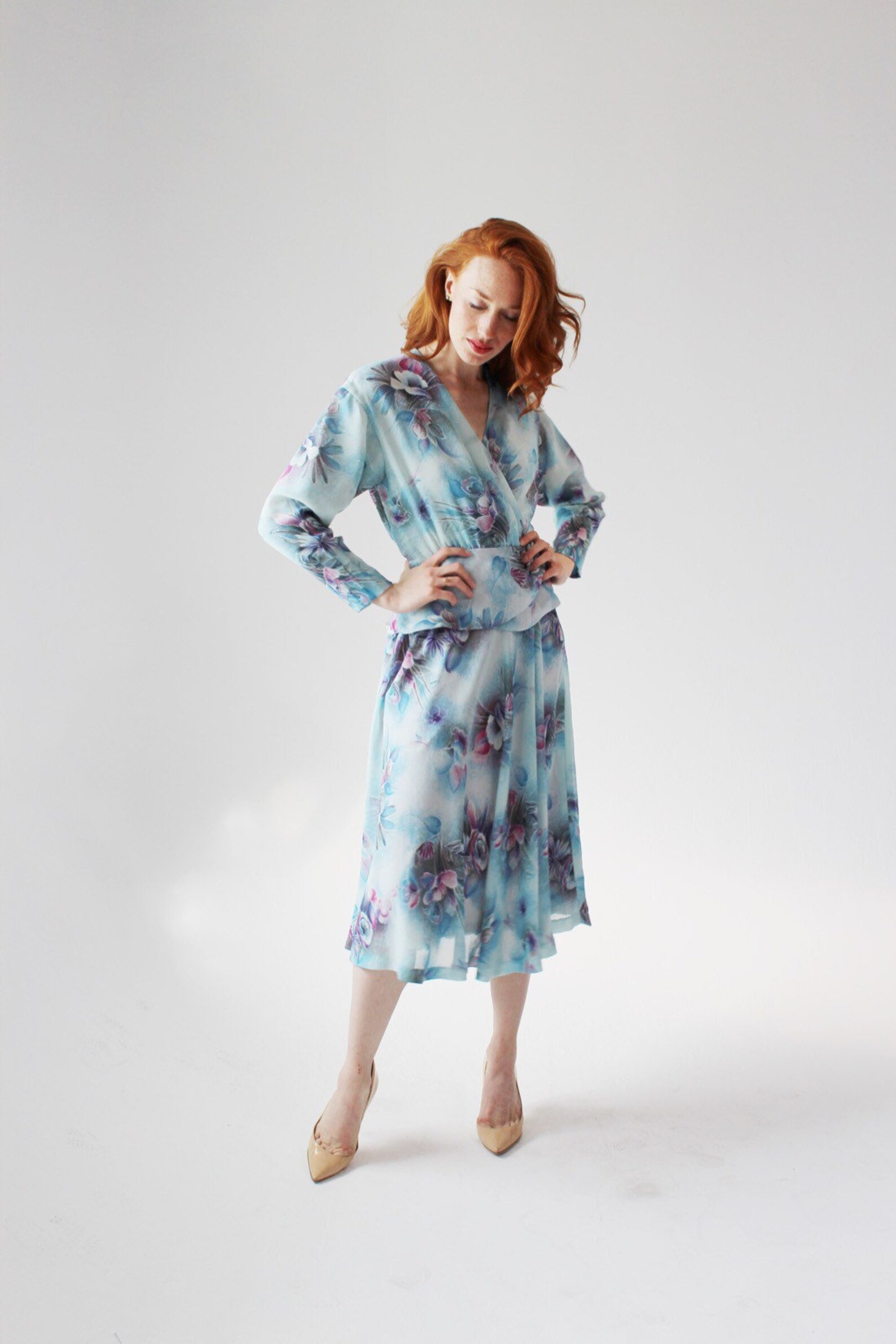 Pastel Blue 2 Piece Dancing Set- S/M, 70s Vintage Floral Matching Set 4 ...