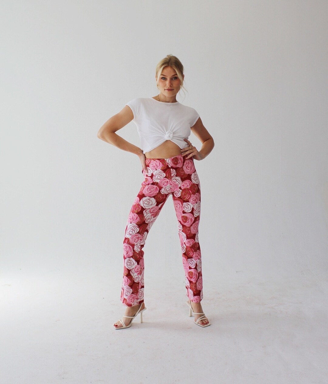 Y2K Rose Print Cropped Pants – Vintage High Waist Cotton Blend - Etsy